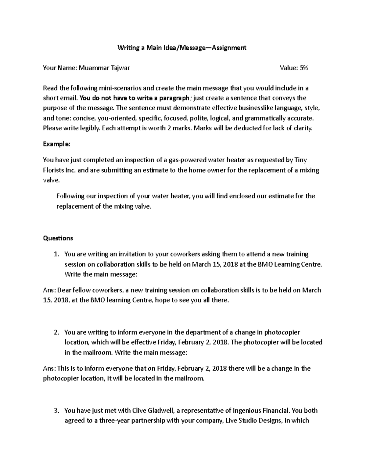 Writing Main Messages Assignment - Writing a Main Idea/Message ...