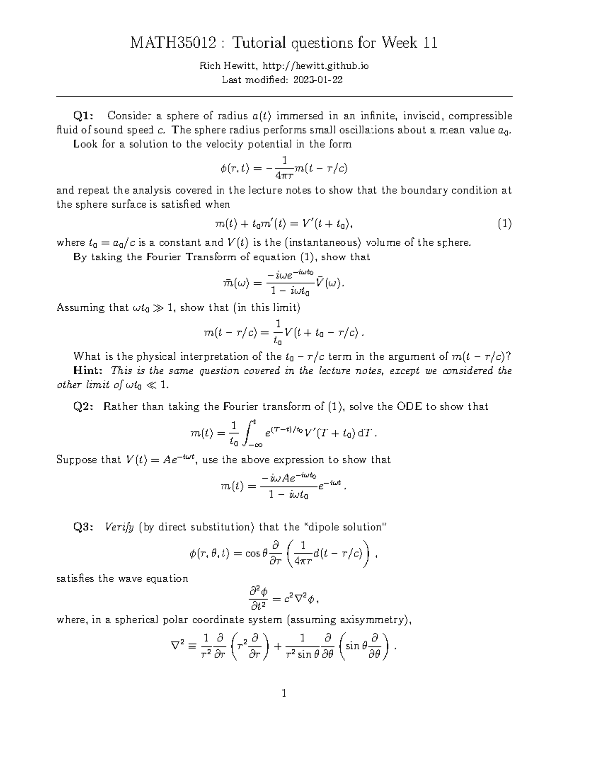 Week11 - Tutorial Questions - MATH35012 : Tutorial questions for Week 11 Rich Hewitt, hewitt ...