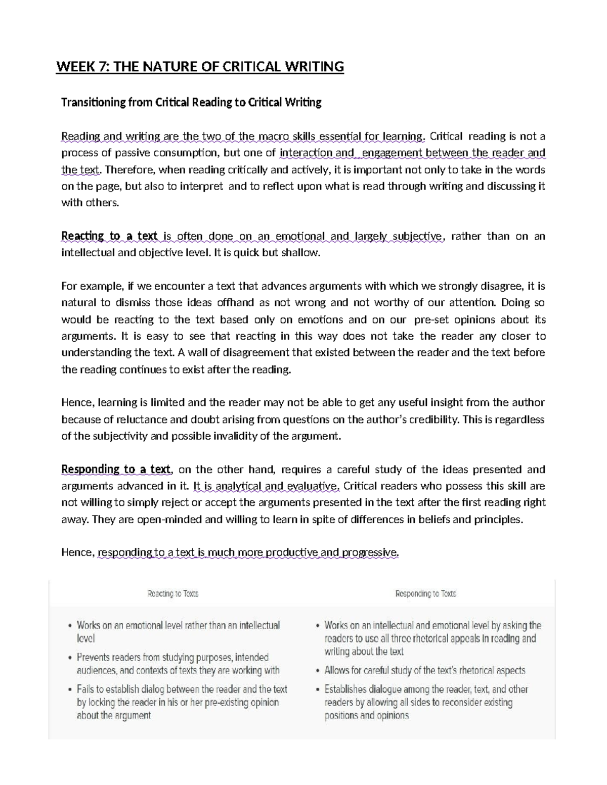 critical thinking - WEEK 7: THE NATURE OF CRITICAL WRITING ...
