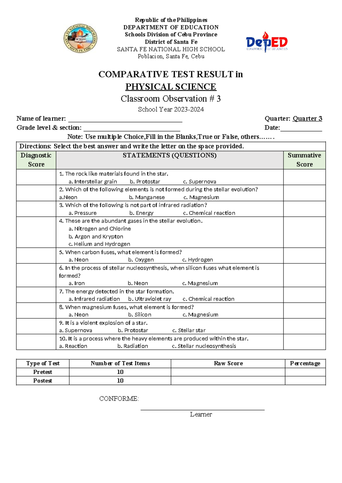 Learner- Comparative-TEST- Result IN Physical Science - CO # 3-2023 ...