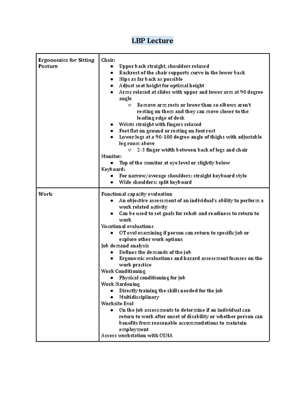 531 Final - notes - LBP Lecture Ergonomics for Sitting Posture Chair ...