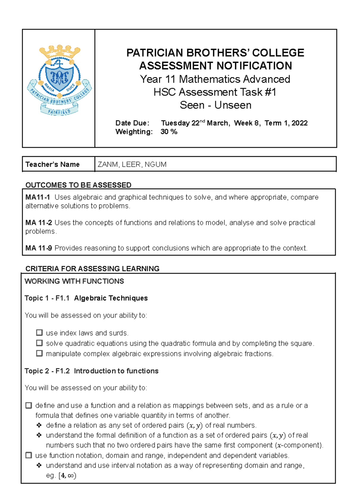 Y11 Maths Exam 1 - PATRICIAN BROTHERS’ COLLEGE ASSESSMENT NOTIFICATION ...