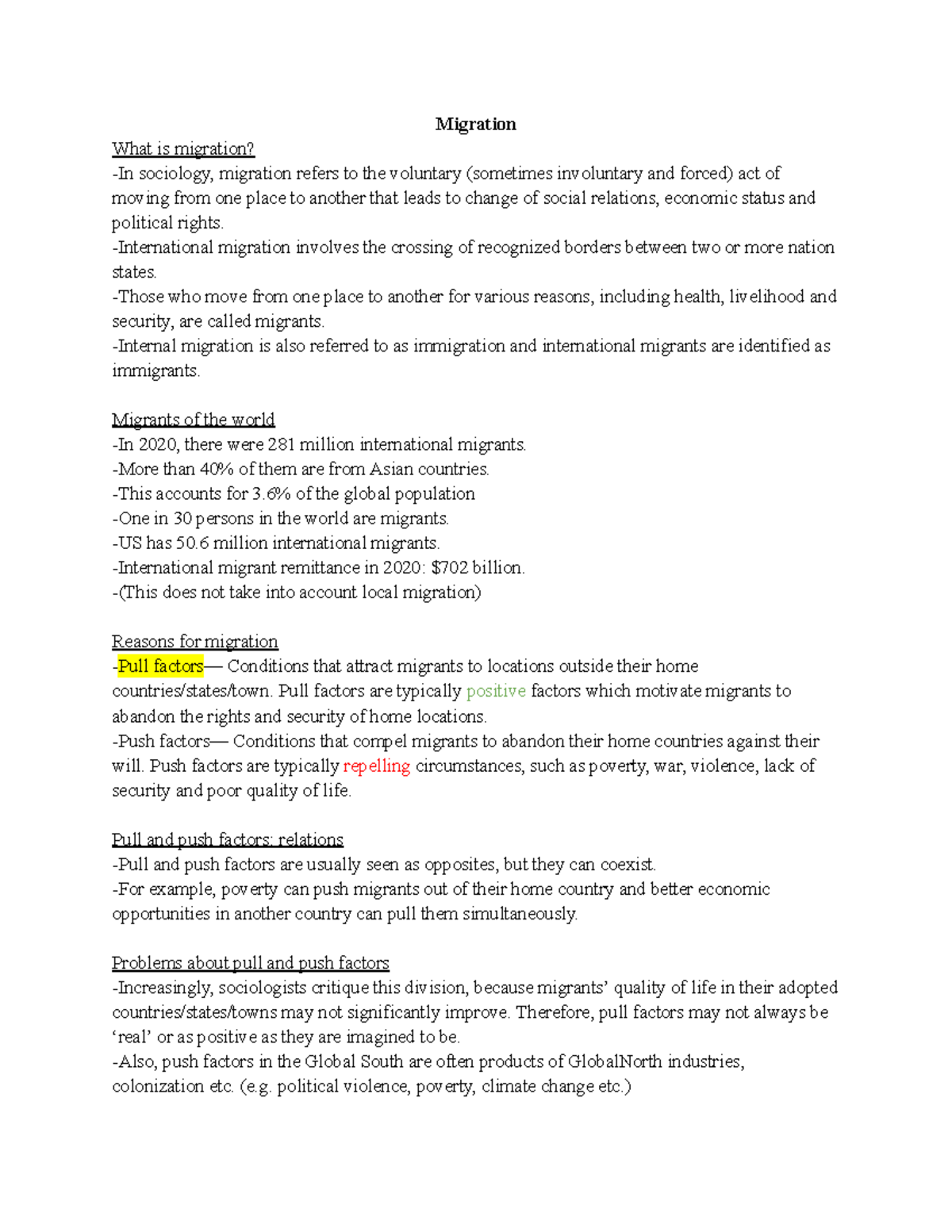 SOCI 1701 Module 6 Notes - Migration What is migration? -In sociology ...