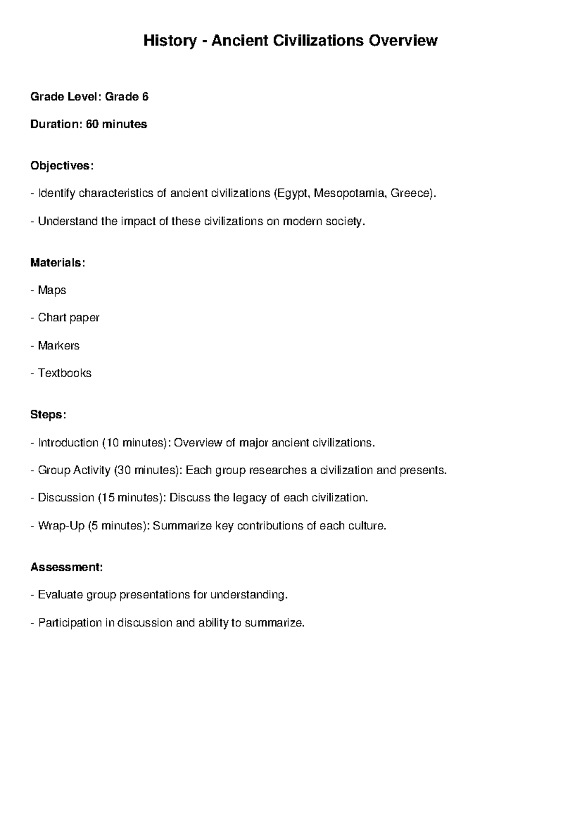 History - Ancient Civilizations Overview - Understand the impact of ...