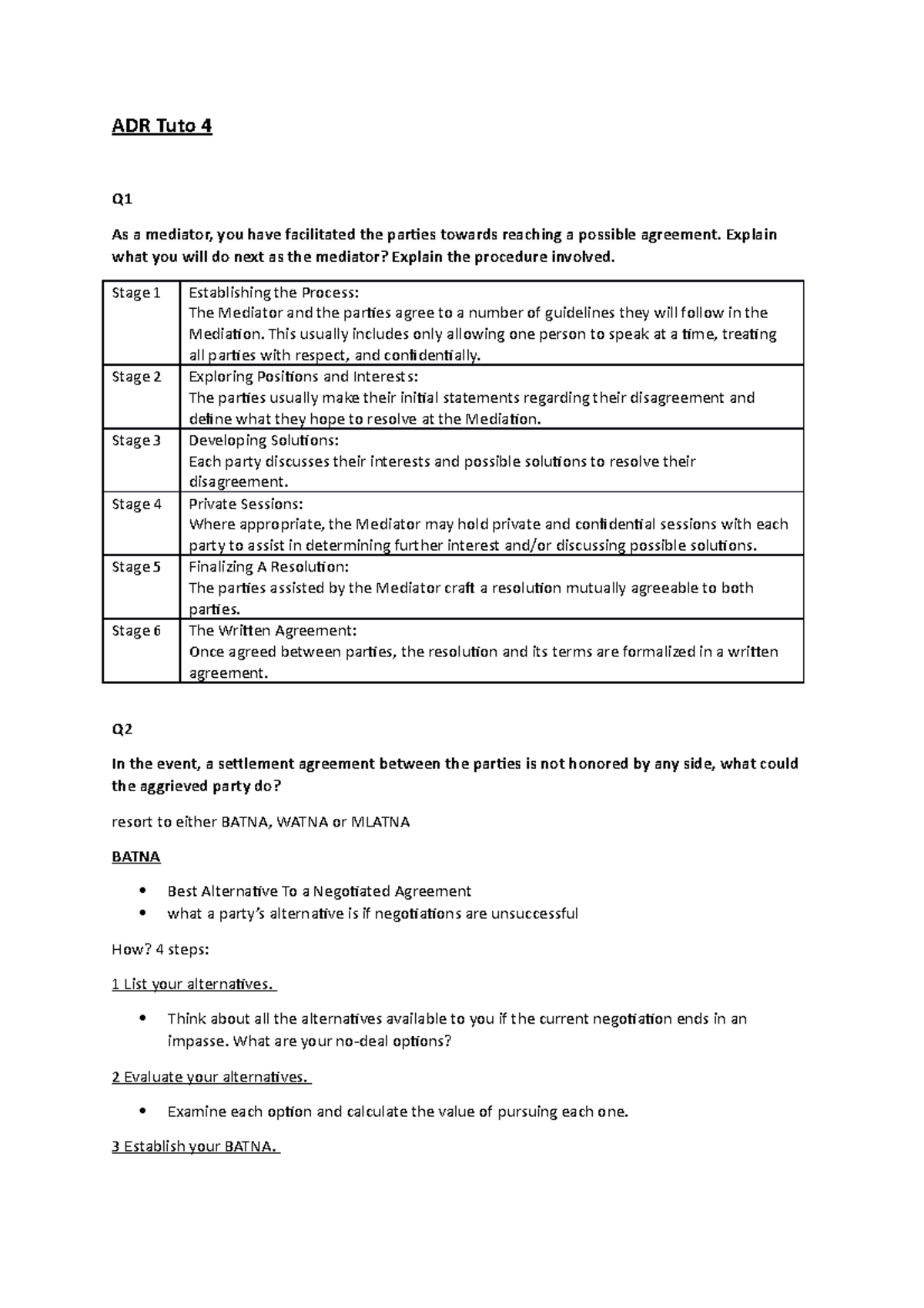 ADR Tuto 4 - tutorial short answer made by me for ADR tutorial 4 - ADR Tuto 4 Q As a mediator ...