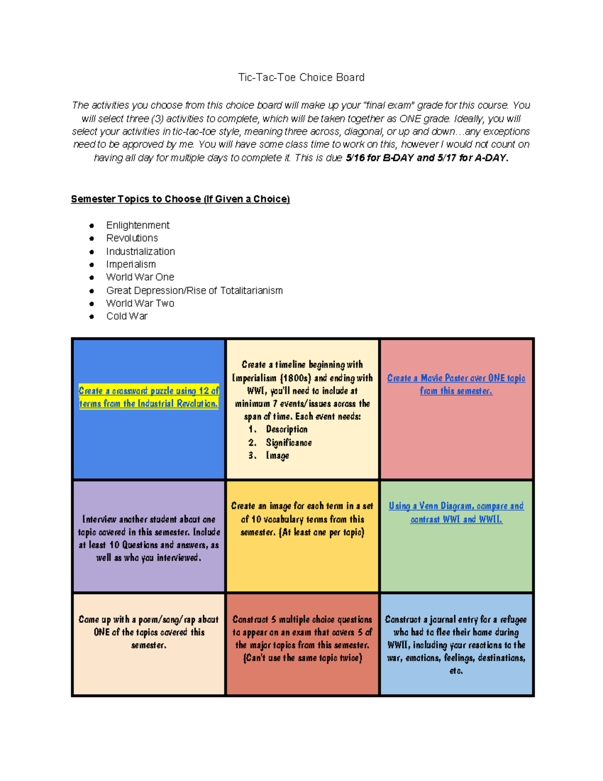 Final Project Choice Board - Tic-Tac-Toe Choice Board The activities ...