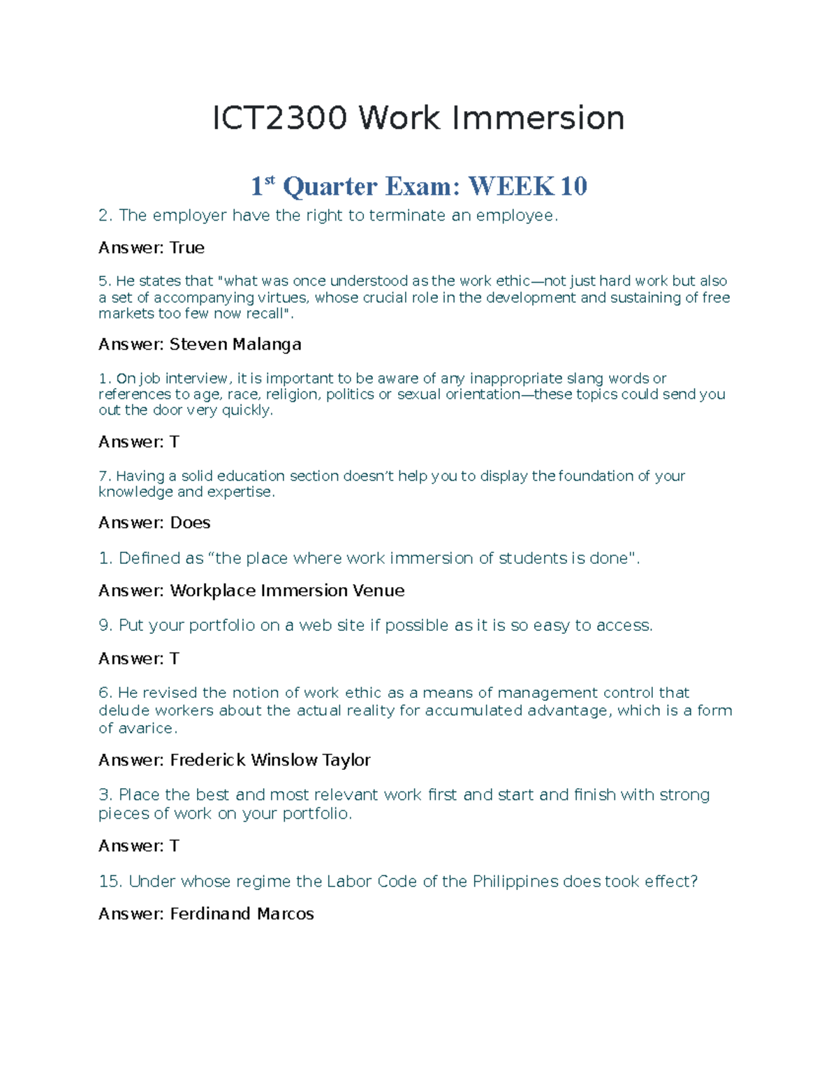 ICT2300 Work Immersion WEEK 10 EXAM wwoe - ICT2300 Work Immersion 1 st ...