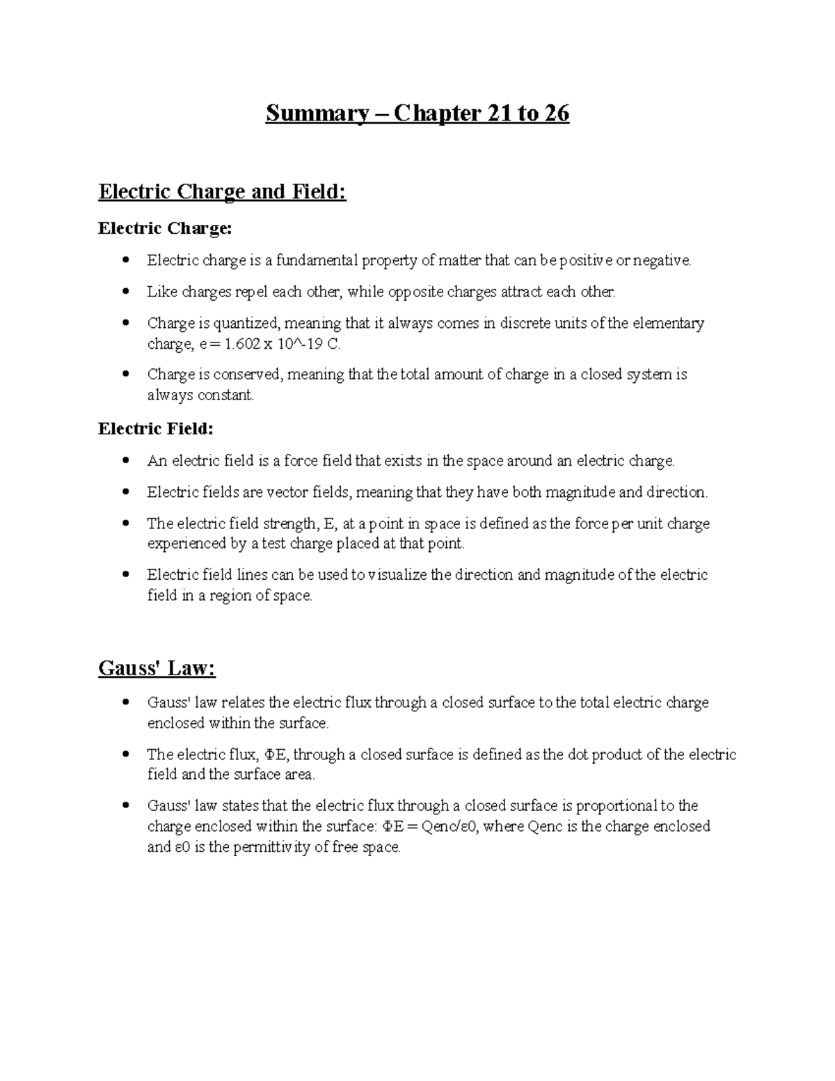 Summary - Chapter 21 to 26 - Summary – Chapter 21 to 26 Electric Charge ...