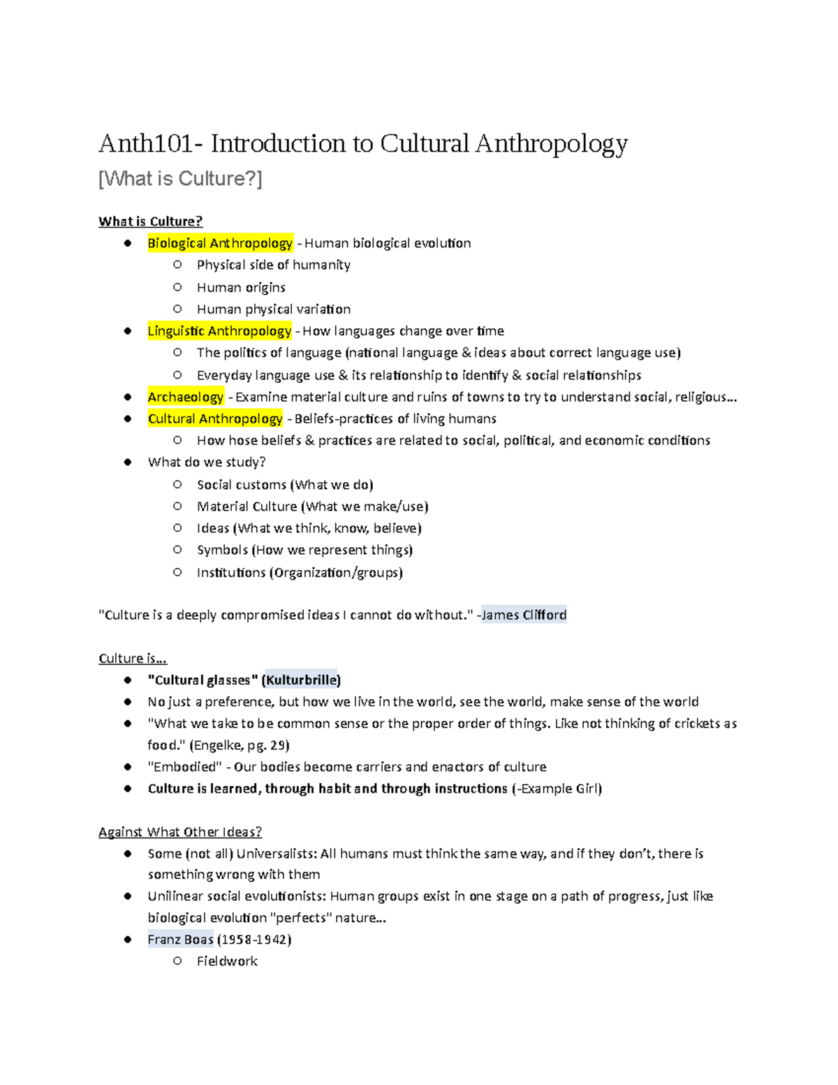 2020-Anth101-What is Culture lecture notes week2 - Anth101 ...