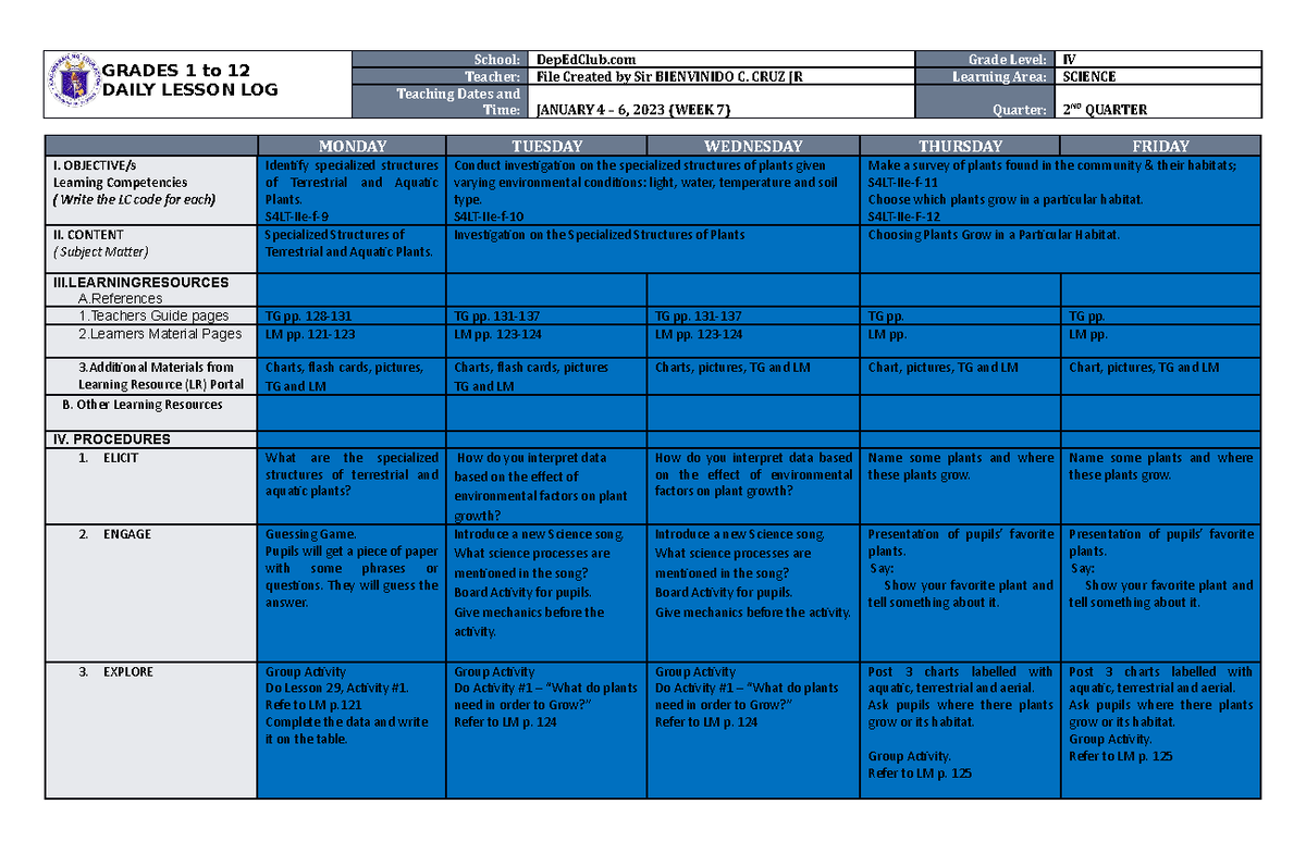 DLL Science 4 Q2 W7 - dasdasdadadagsfdvdvdfvsfsfsDfsdsfsDFSD - GRADES 1 ...