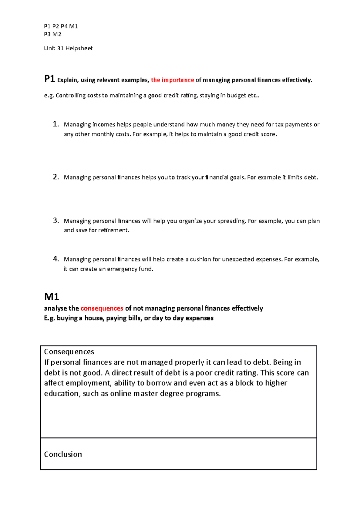 Unit 31 Helpsheet Task 1 P1 P2 P4 M1 - P3 M Unit 31 Helpsheet P1 ...