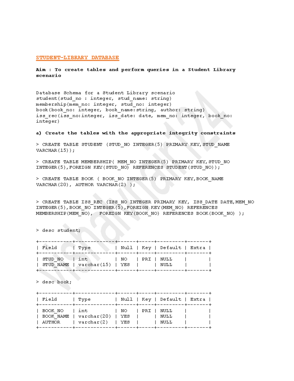 Lib record vishal v nair124 - STUDENT-LIBRARY DATABASE Aim : To create tables and perform ...