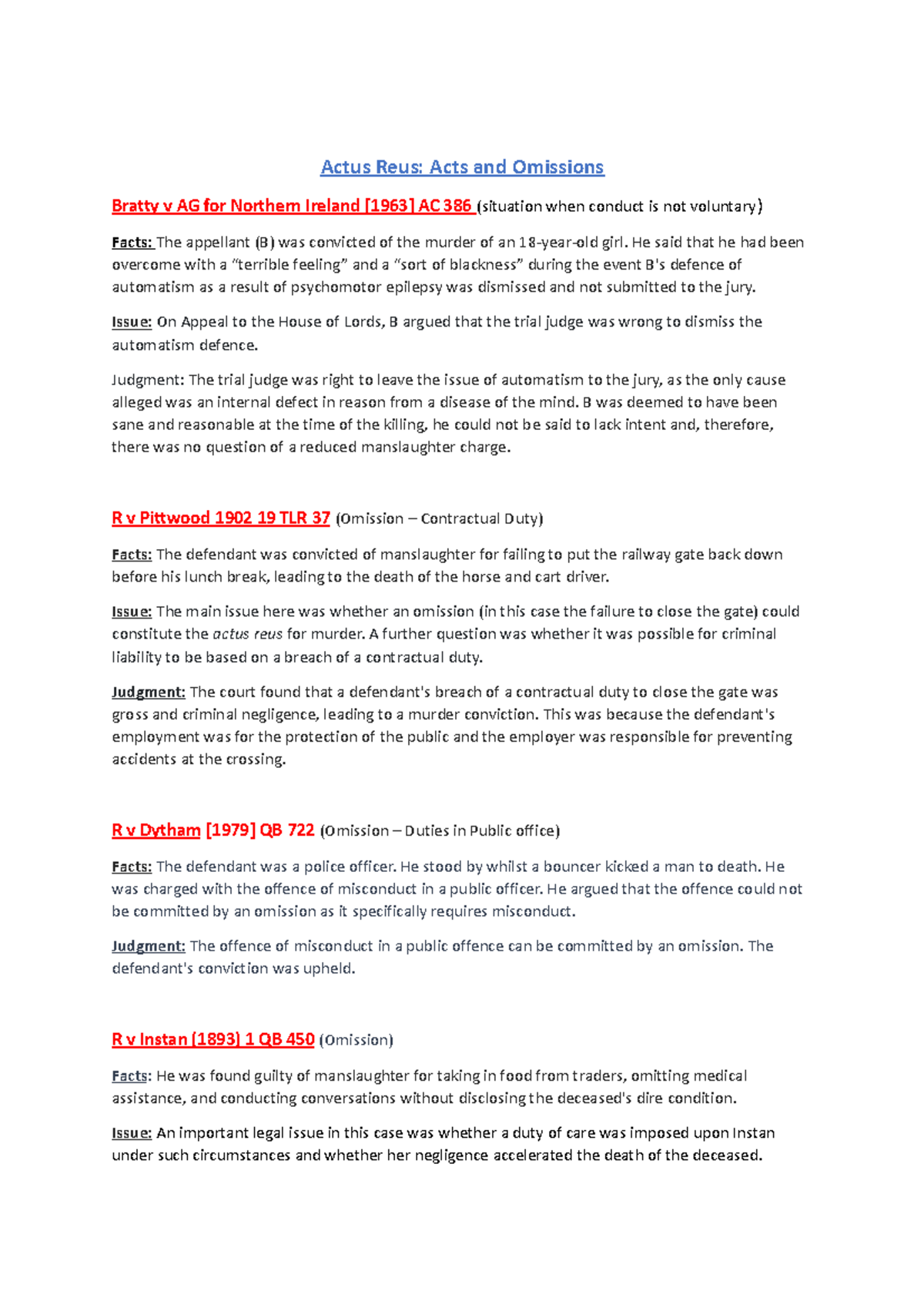 Criminal Law case summaries - Actus Reus: Acts and Omissions Bratty v ...