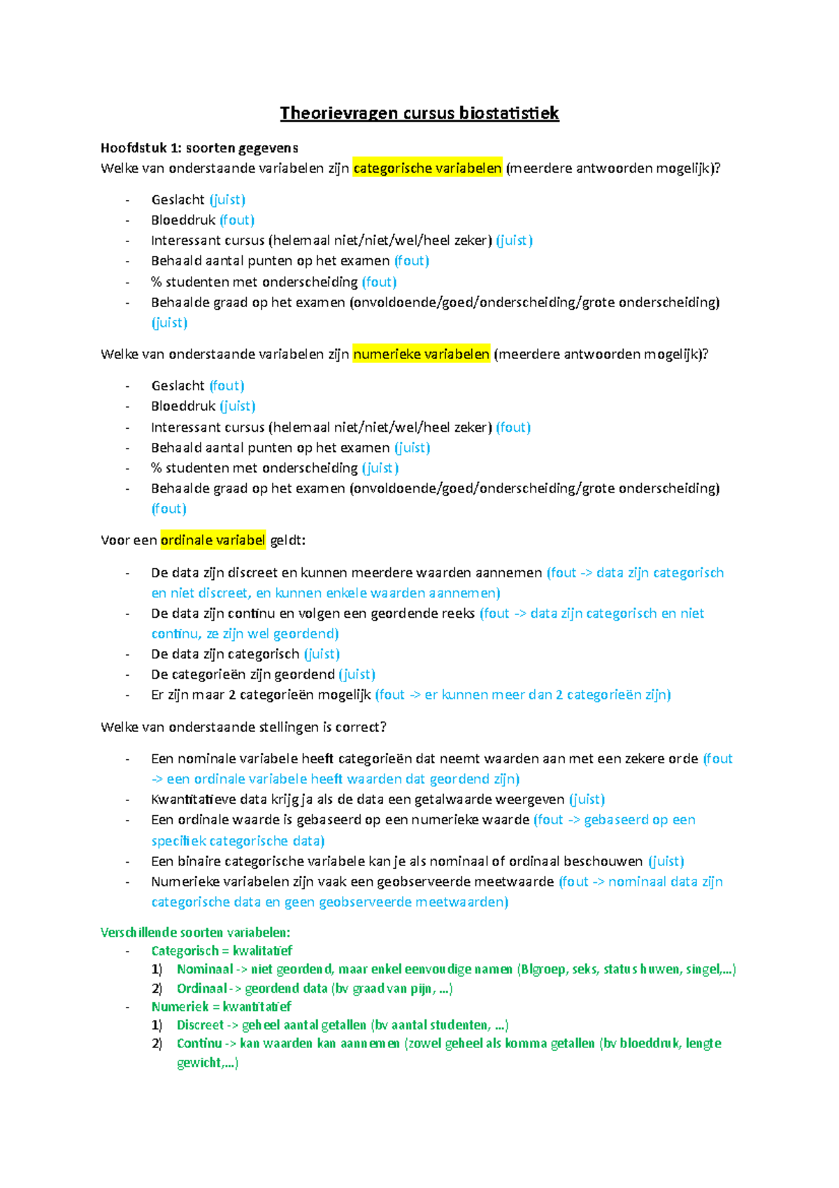 Theorievragen cursus biostatistiek - Theorievragen cursus 1: soorten ...