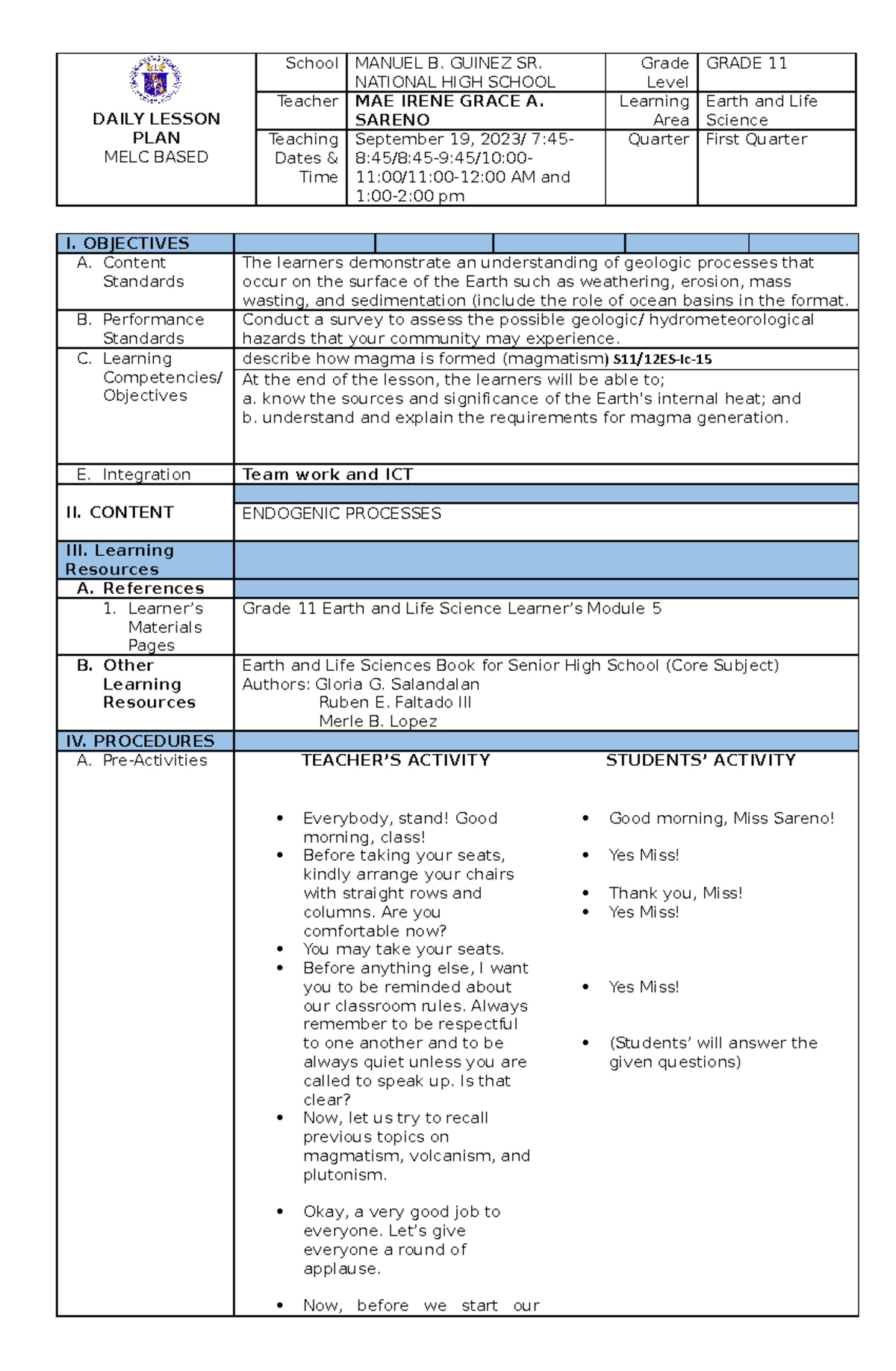 Lesson-Plan ELS 6 - dll - DAILY LESSON PLAN MELC BASED School MANUEL B ...