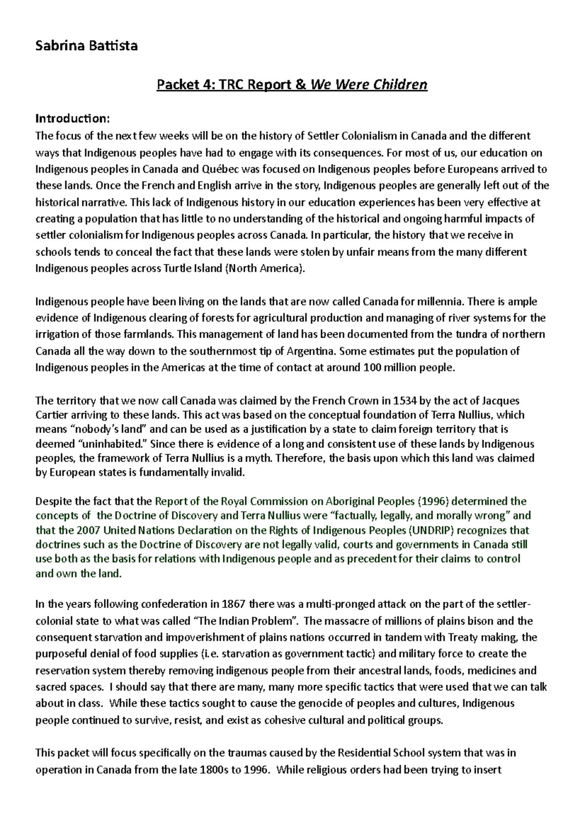 Packet 4 - homework - Sabrina Battista Packet 4: TRC Report & We Were ...