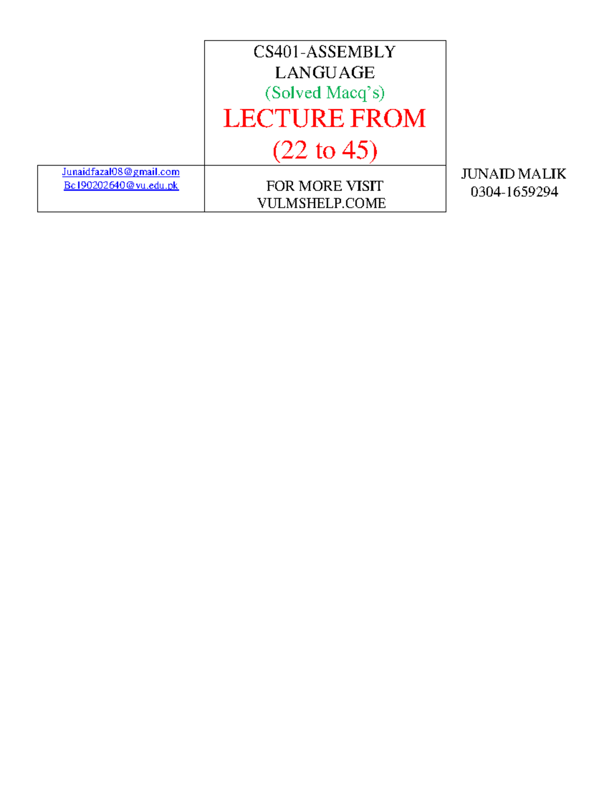Cs401 Solved Mcqs Final Term By Junaid Junaid Malik For More Visit 0304 1659294 Vulmshelp