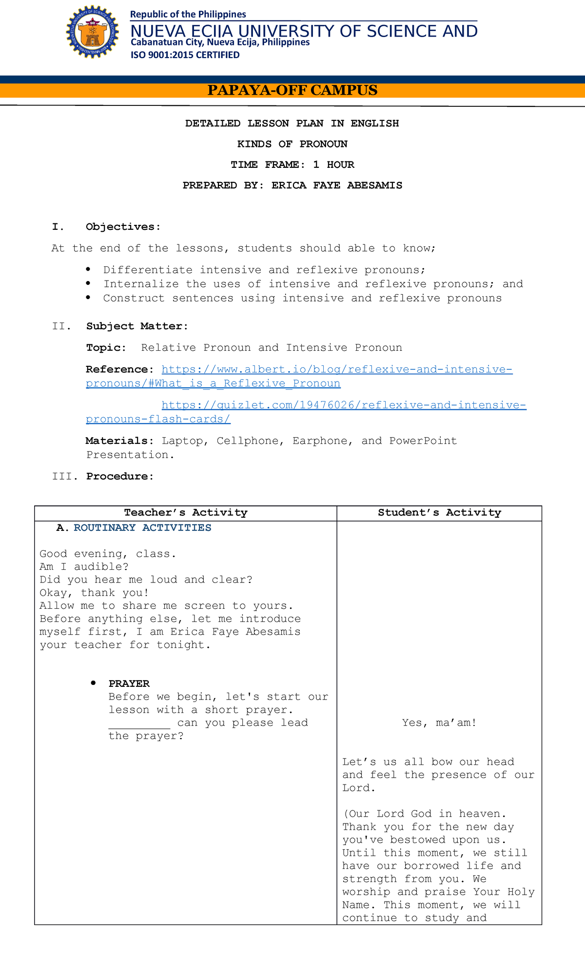 Kemeru NA Lesson PLAN - Lecture notes 1, 4. 5 - DETAILED LESSON PLAN IN ...