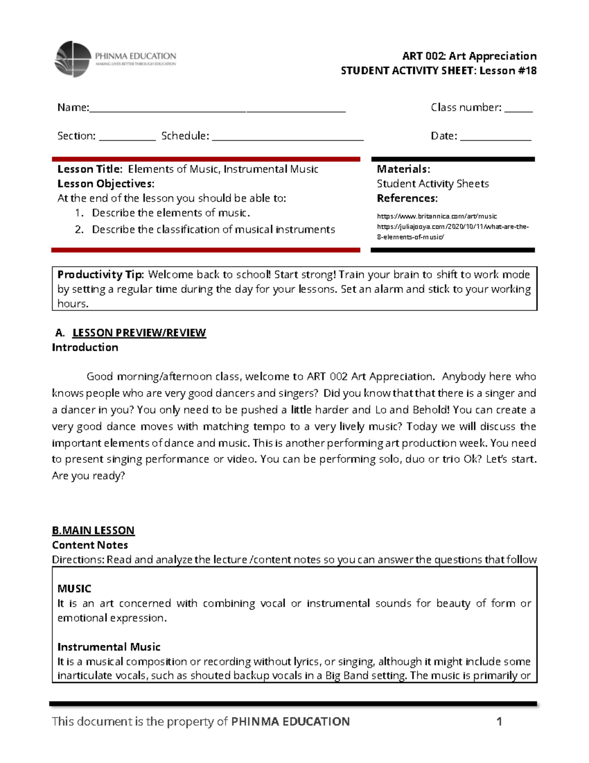 ART 002- Lesson 18 SAS - STUDENT ACTIVITY SHEET: Lesson # - Studocu