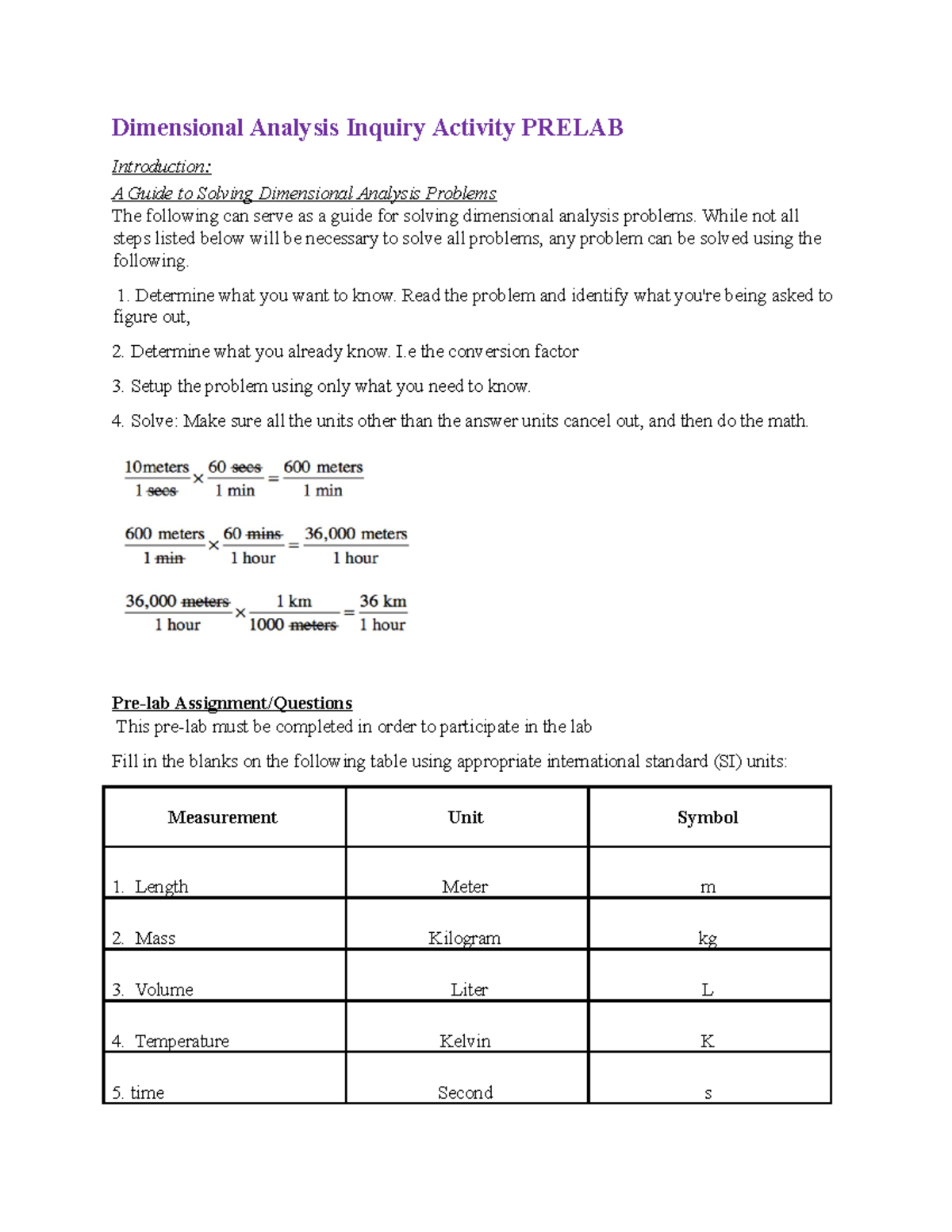 DA Prelab - practice work - Dimensional Analysis Inquiry Activity ...