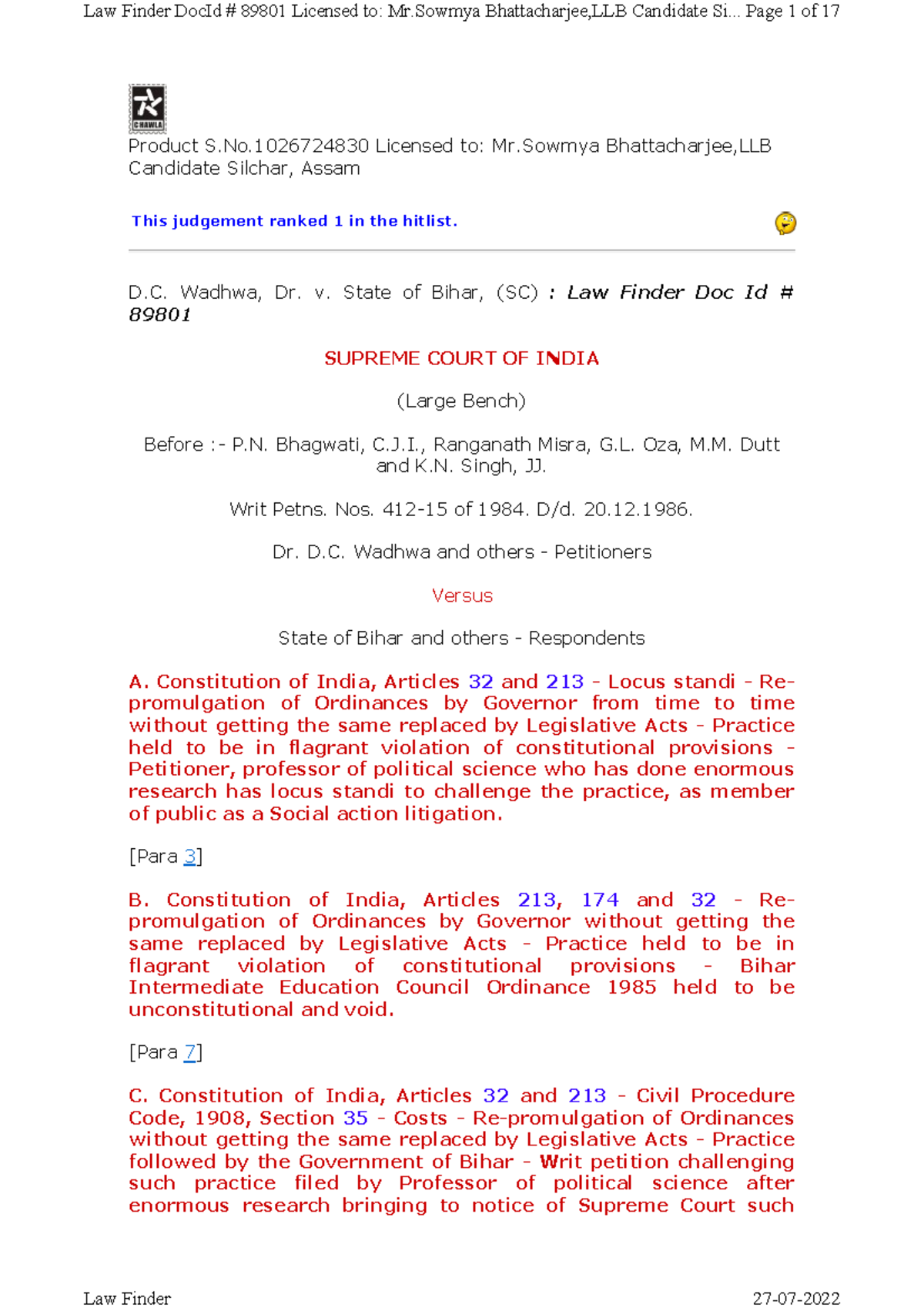 03. D.C. Wadhwa, Dr. v. State of Bihar [AIR 1987 SC 57] - Product S.No Licensed to: Mr - Studocu