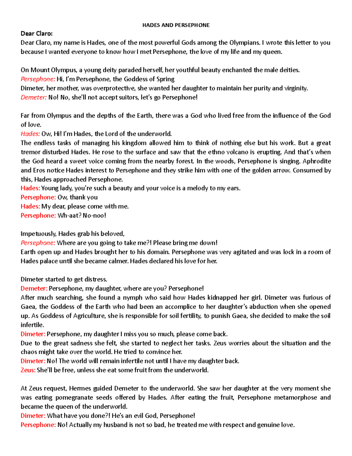 Hades AND Persephone story telling - HADES AND PERSEPHONE Dear Claro ...