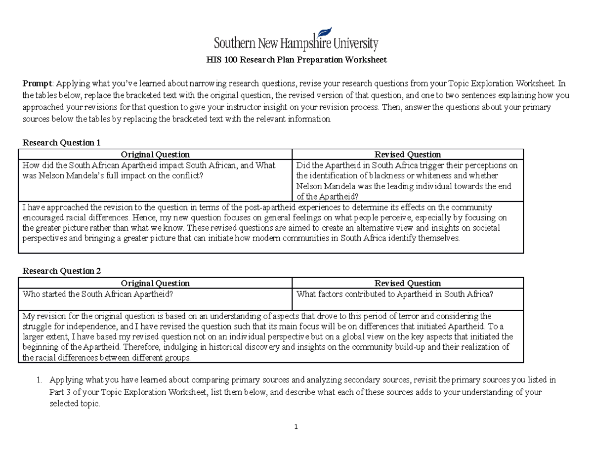 Research Plan Worksheet - HIS 100 Research Plan Preparation Worksheet ...