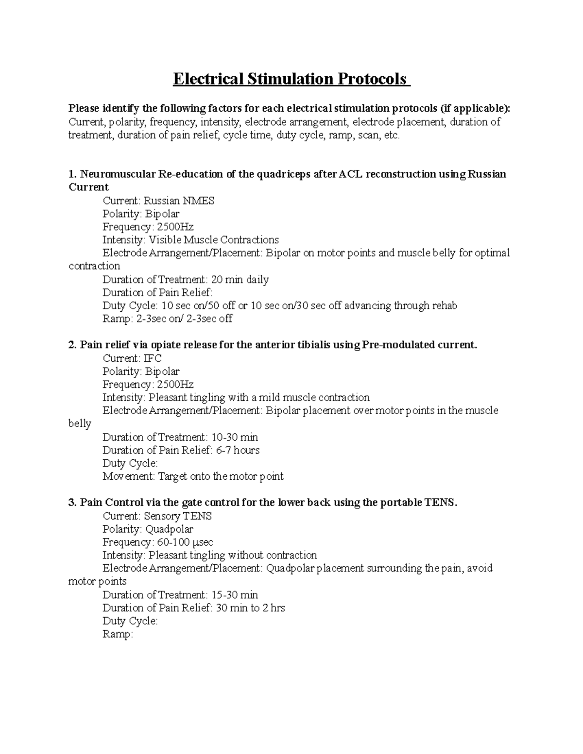 Treatment Protocols MOD - Electrical Stimulation Protocols Please ...
