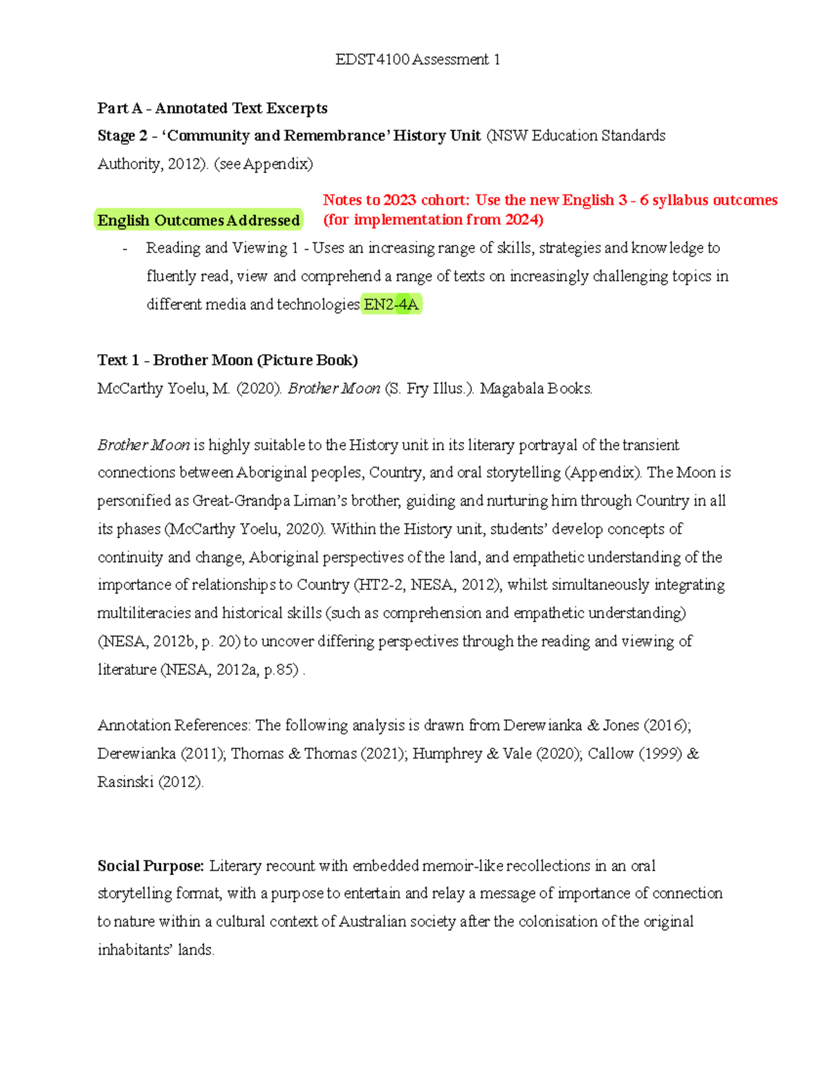 High Distinction sample - EDST4100 Assessment 1 Part A - Annotated Text Excerpts Stage 2 - - Studocu
