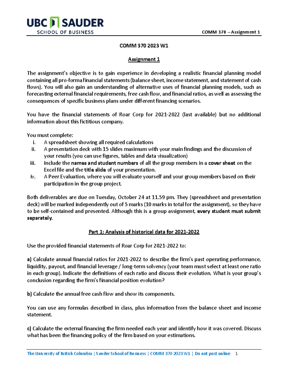 Assignment 1 COMM 370 2023 W1- Instructions - COMM 370 – Assignment 1 The University of British ...