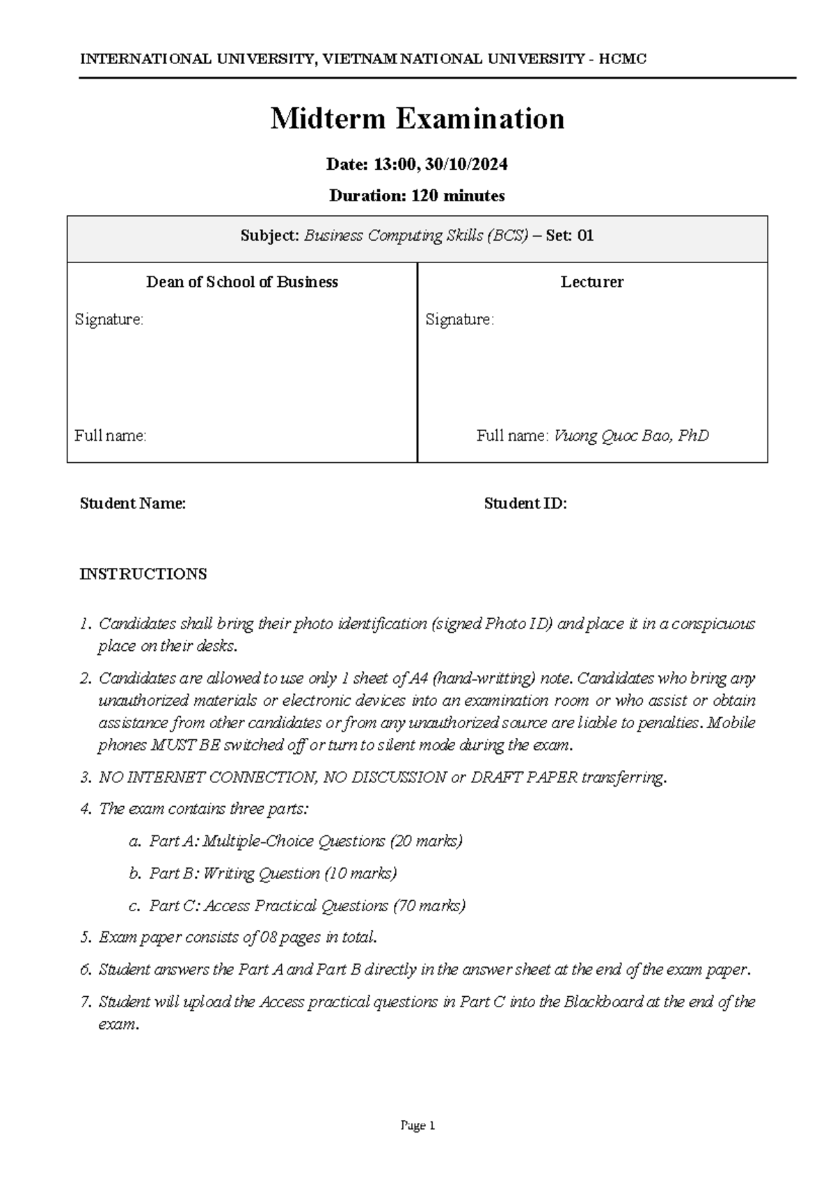 Midterm Exam Vqbao code A - INTERNATIONAL UNIVERSITY, VIETNAM NATIONAL UNIVERSITY - HCMC Midterm ...