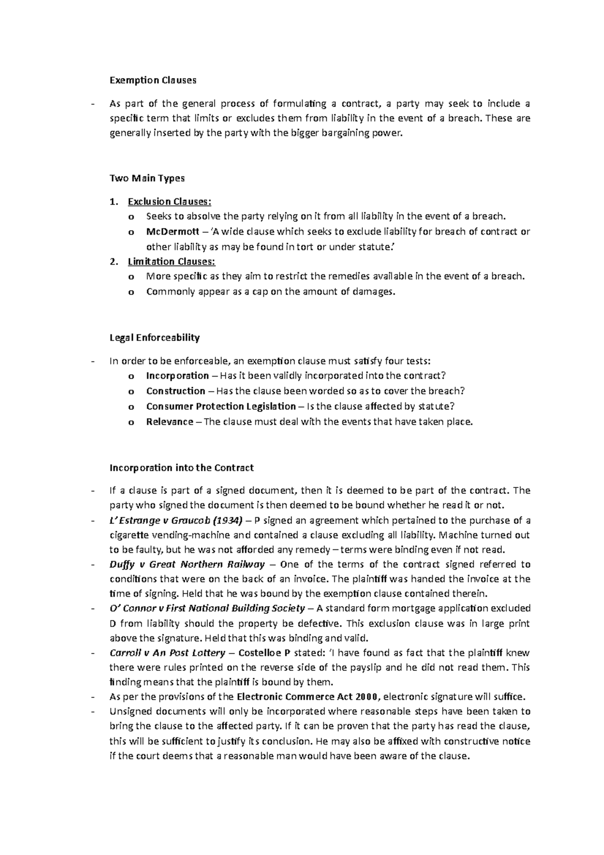 Exemption Clauses - fe1 notes - Exemption Clauses As part of the ...