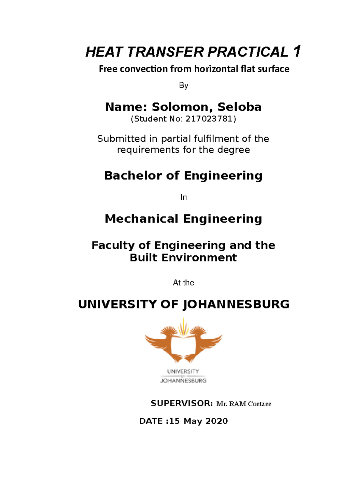 Prac solo - practice - HEAT TRANSFER PRACTICAL 1 Free convection from ...