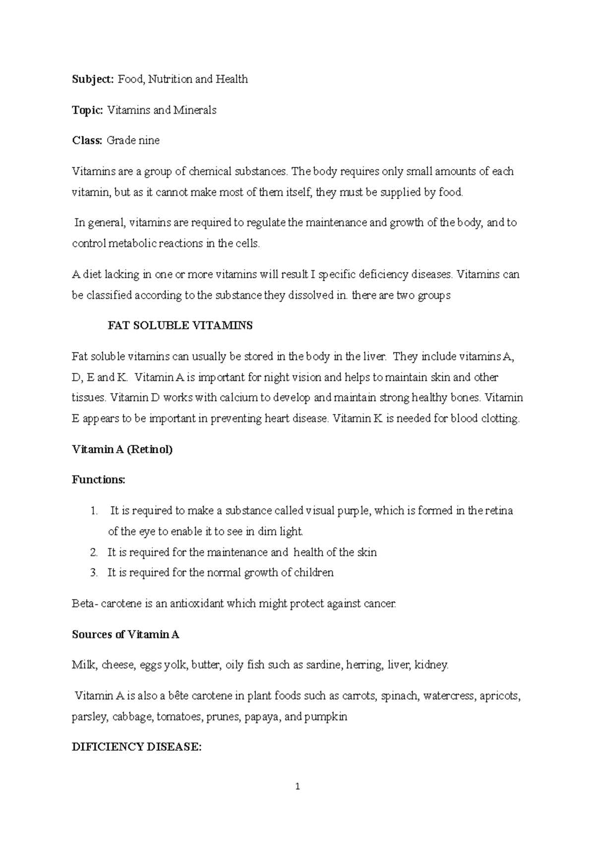 Vitamins and minerals - Subject: Food, Nutrition and Health Topic ...