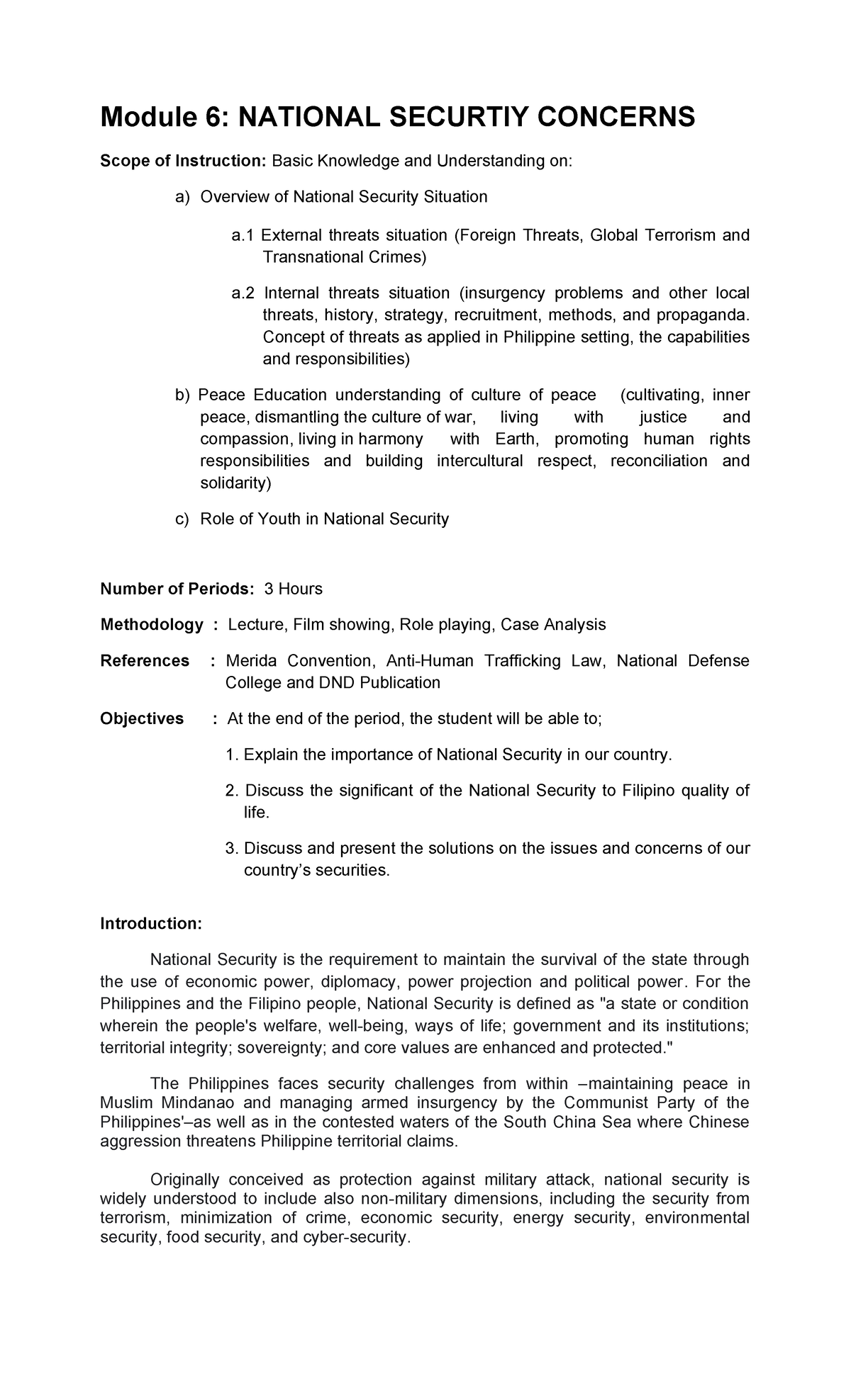 Module-6 - kee working the result is riceless - Module 6: NATIONAL SECURTIY CONCERNS Scope of ...