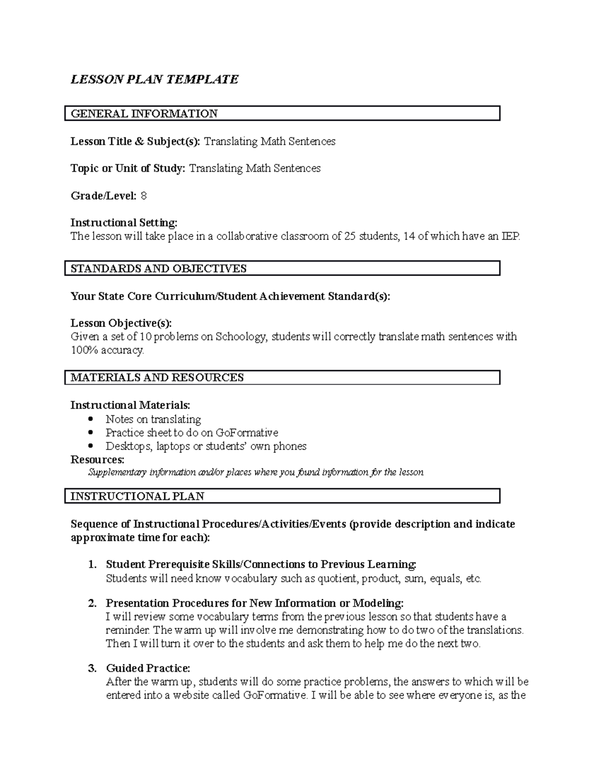 A1 lesson plan 2018 10 09 - LESSON PLAN TEMPLATE GENERAL INFORMATION ...