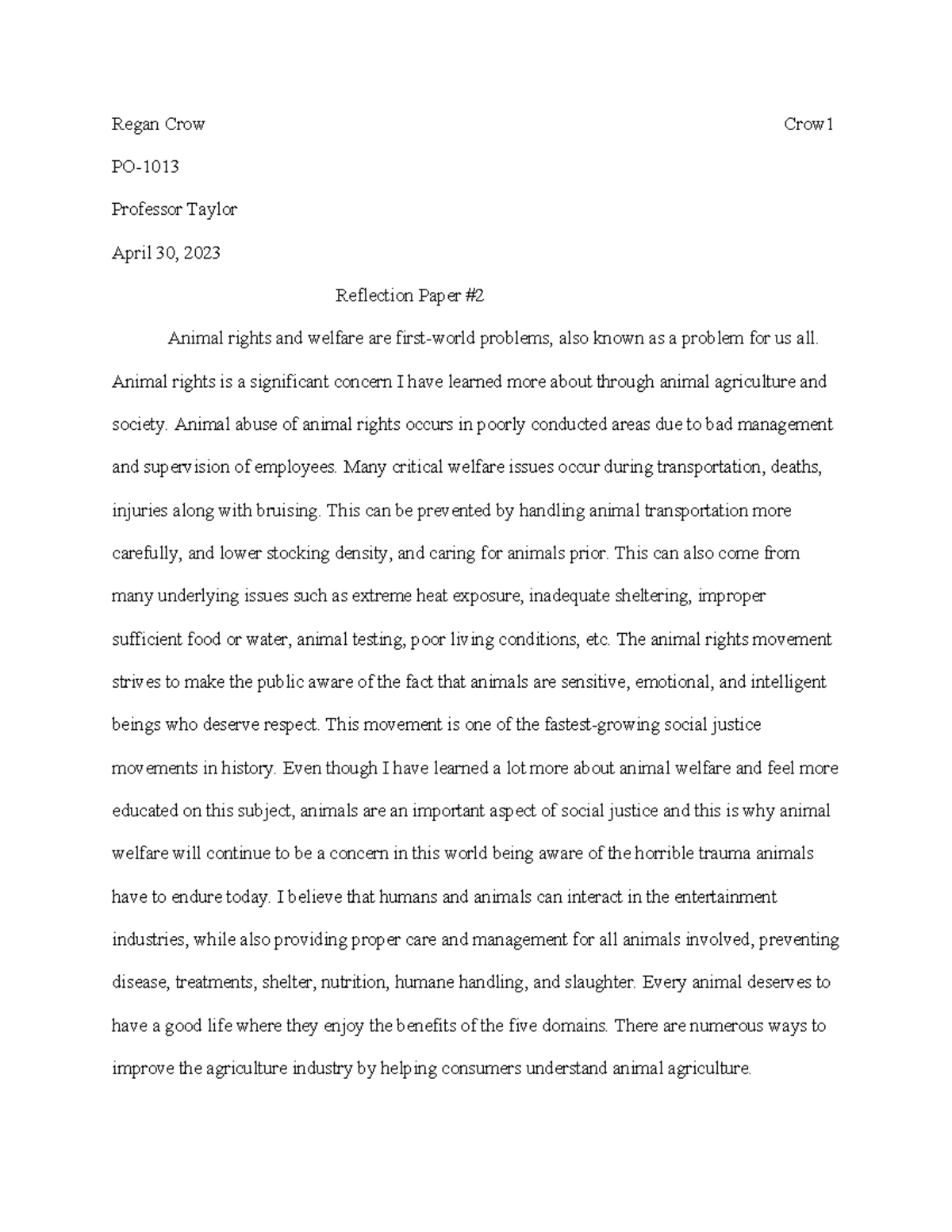 Reflection Paper #2- PO-1013 - Regan Crow Crow PO- Professor Taylor ...