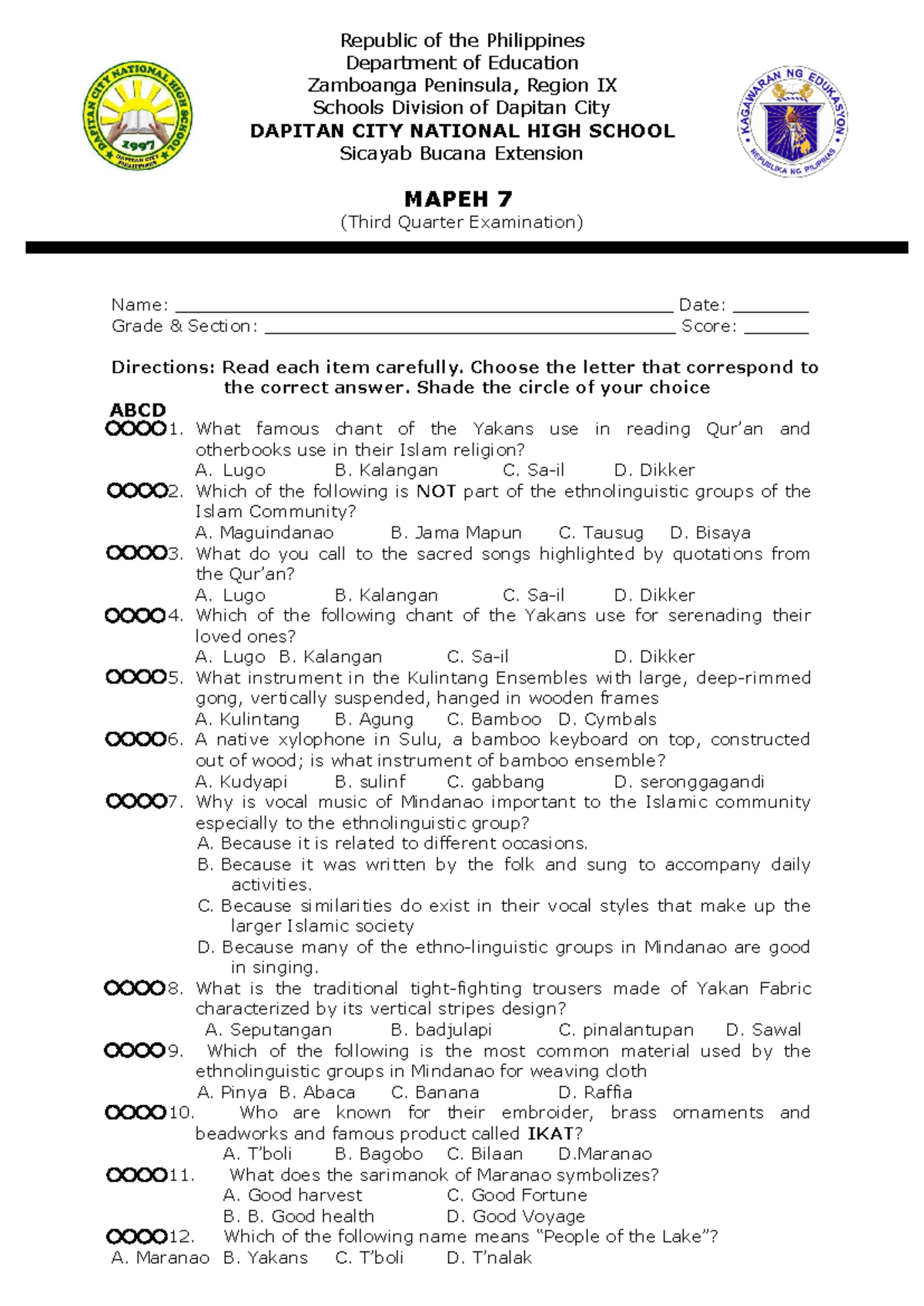 Grade 7 3rd quarter - Review materials - ABCD Republic of the ...