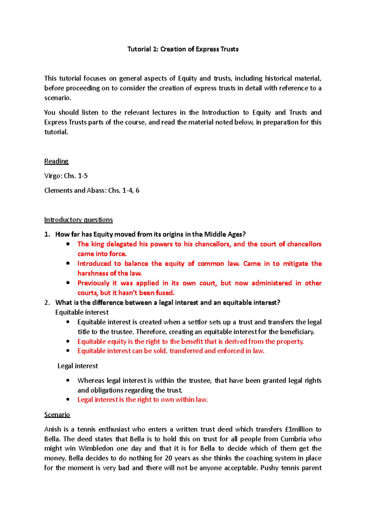 Equity and Trusts - Tutorial 1 - Tutorial 1: Creation of Express Trusts This tutorial focuses on ...