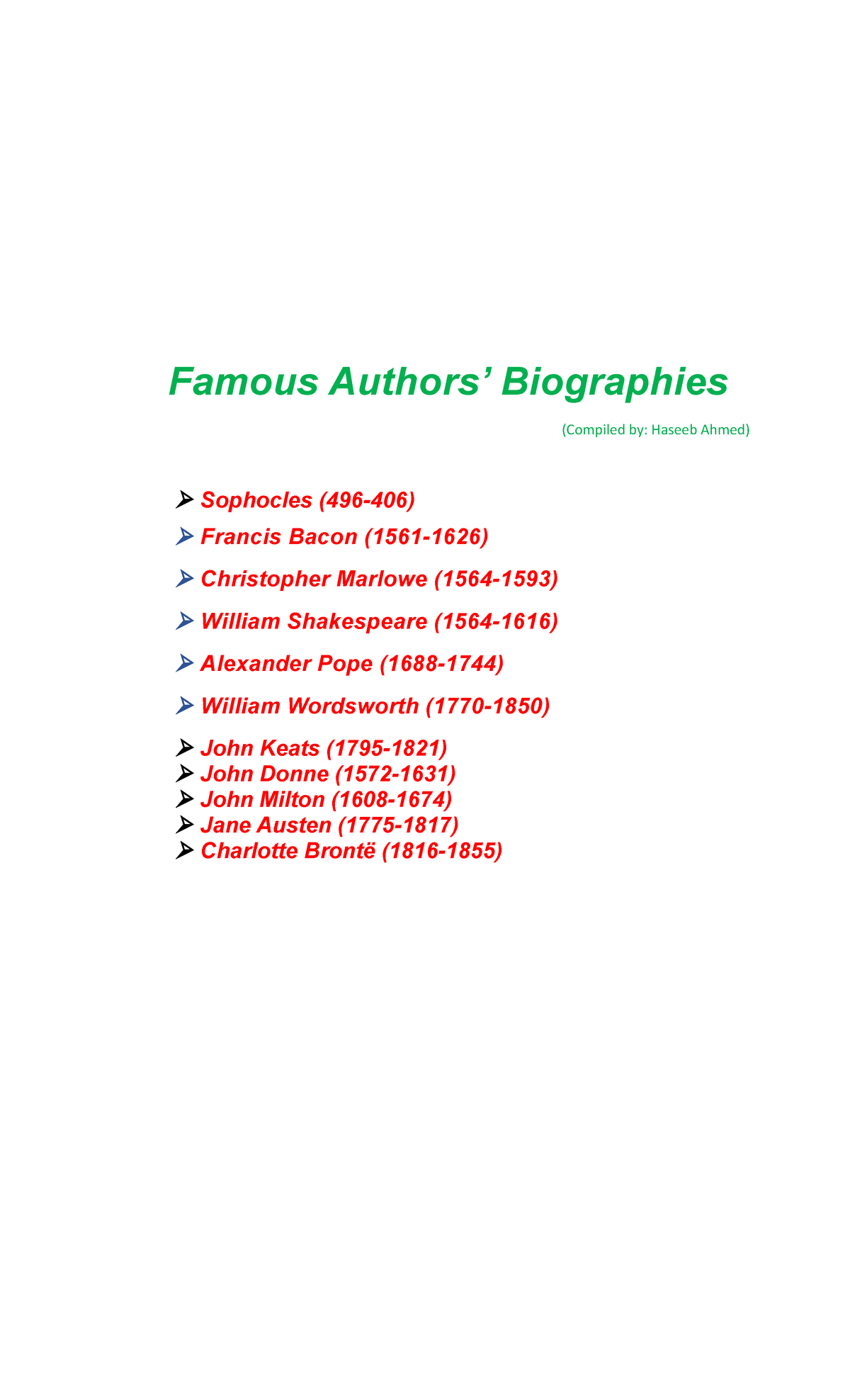 Document (17) - Literature notes - Famous Authors’ Biographies ...