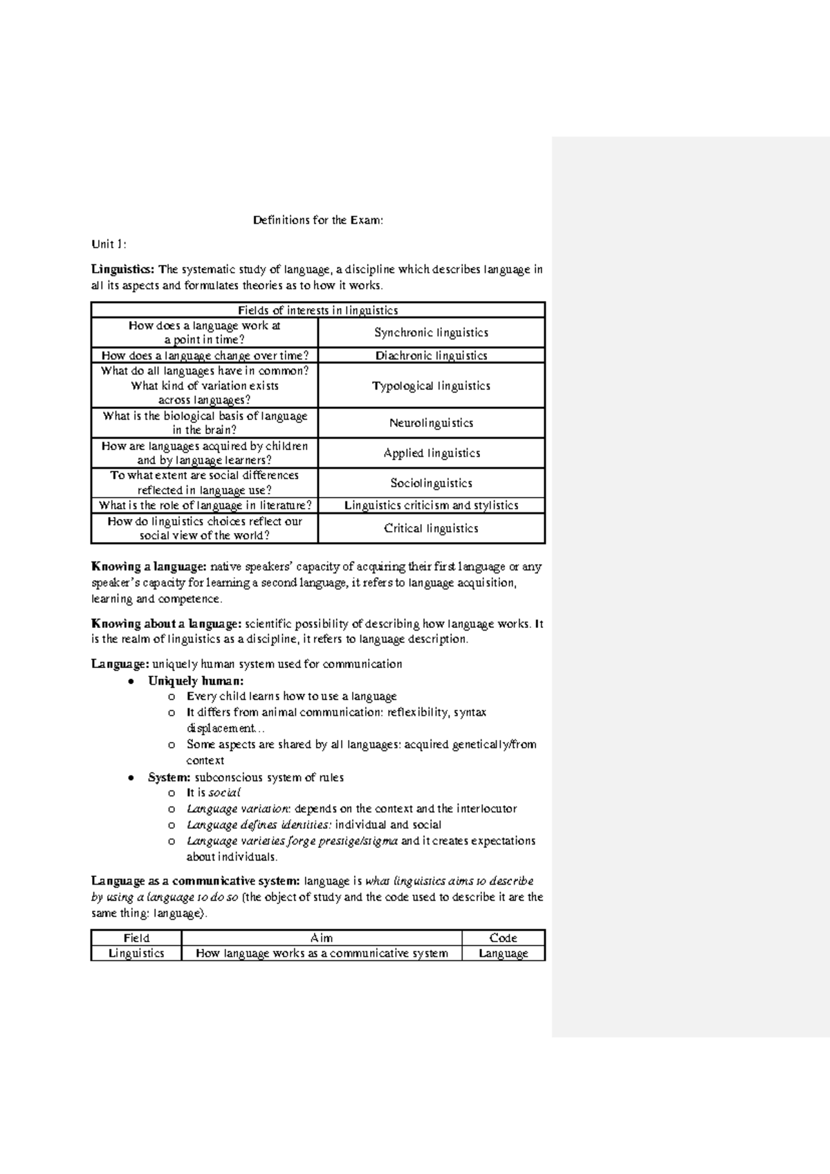 Definitions for the Exam - Definitions for the Exam: Unit 1 ...
