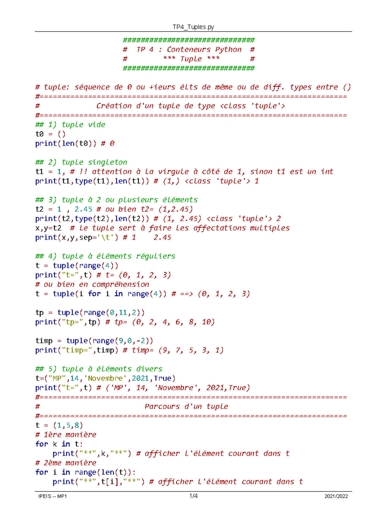 TP4 Tuples-2 MP1 informatique python detaille - _# TP 4 : Conteneurs Python # *** Tuple ...