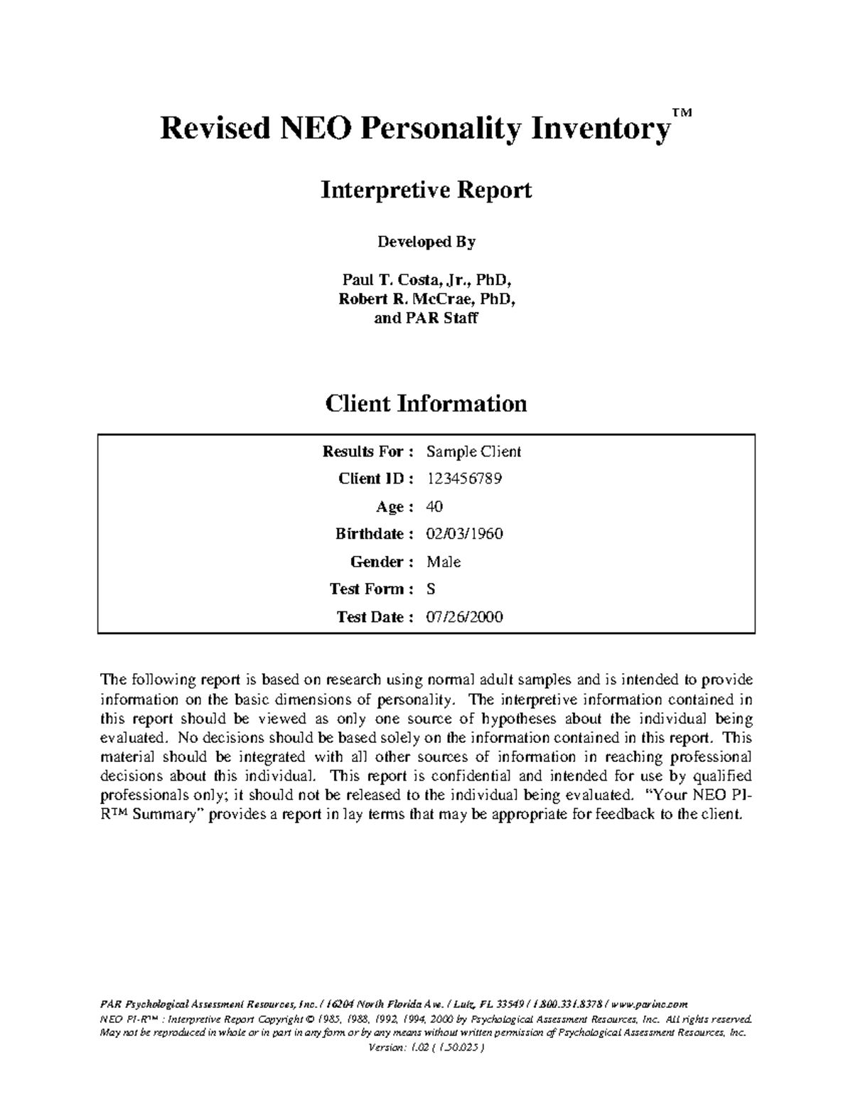 NEO PIR IR Sample Report for students - PAR Psychological Assessment ...