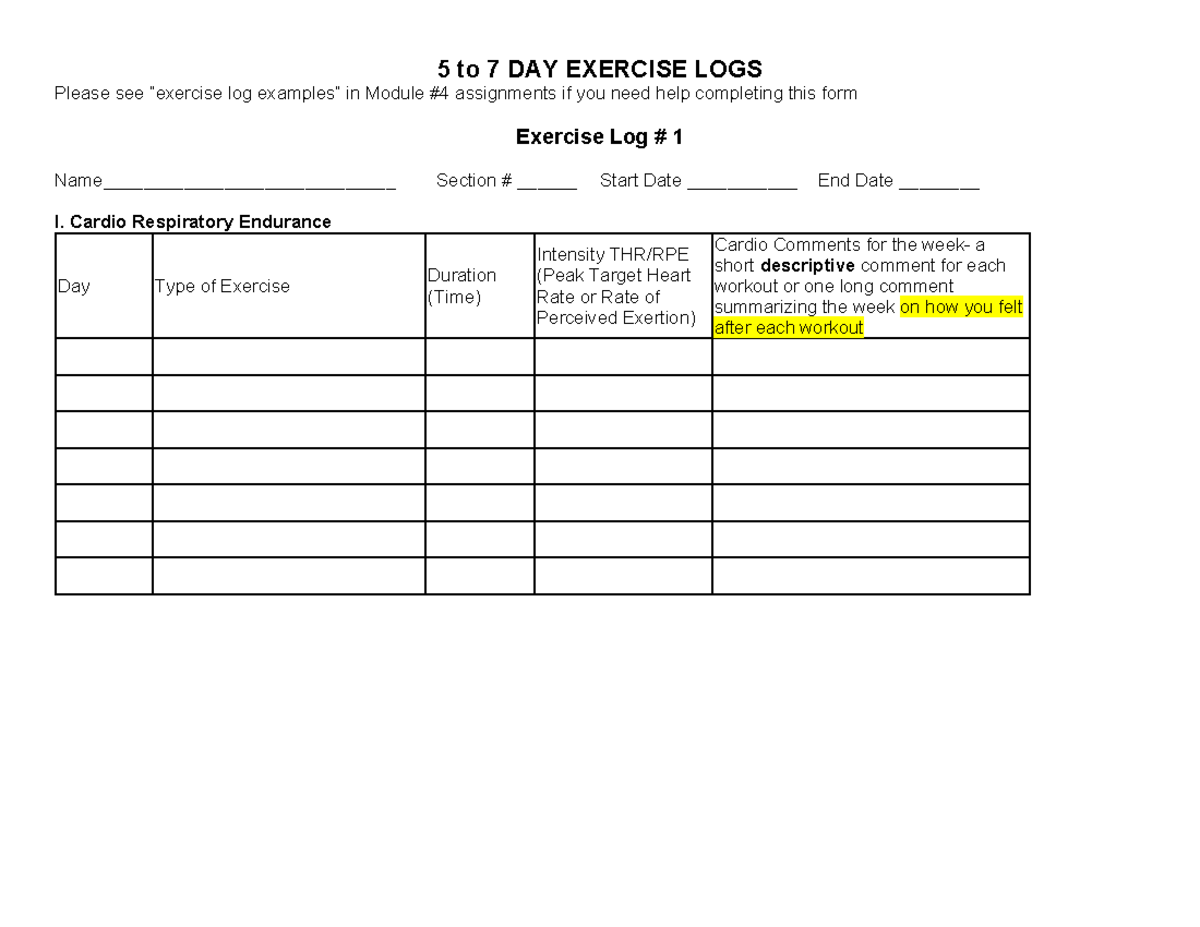 Exercise logs 12 - log - 5 to 7 DAY EXERCISE LOGS Please see “exercise ...