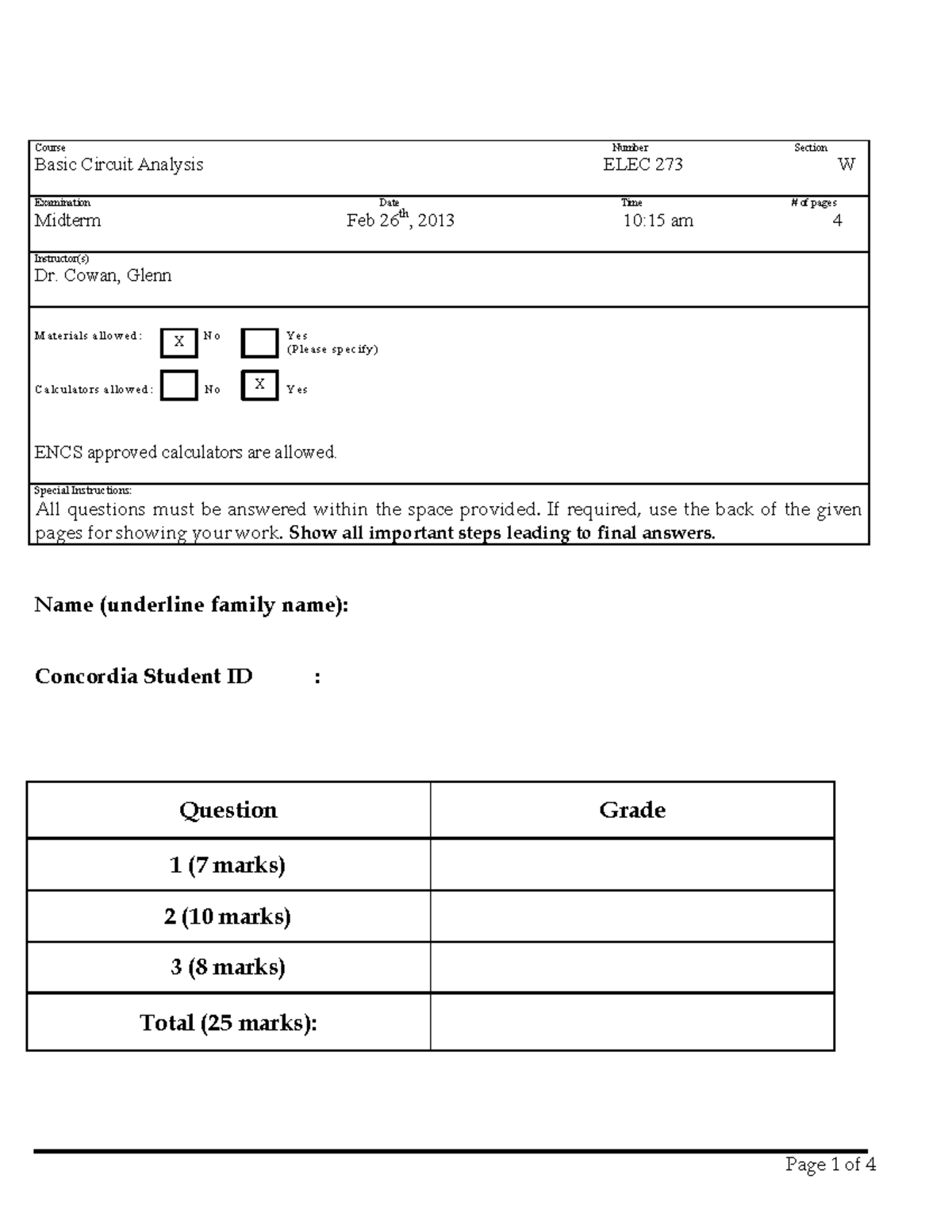 273 MT 2013 W - 2013 mid term - Course Number Section Basic Circuit ...