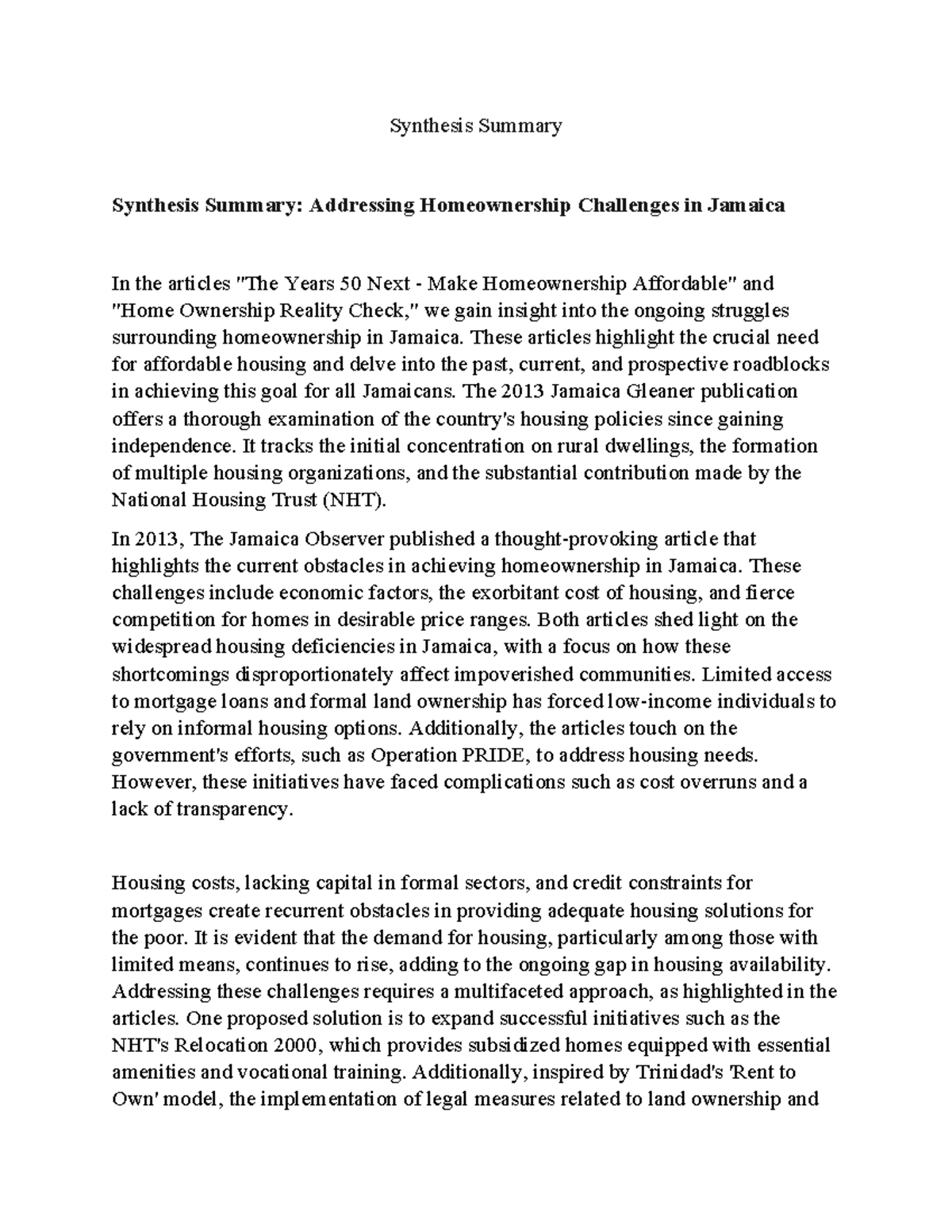 Synthesis Essay - Synthesis Summary Synthesis Summary: Addressing ...