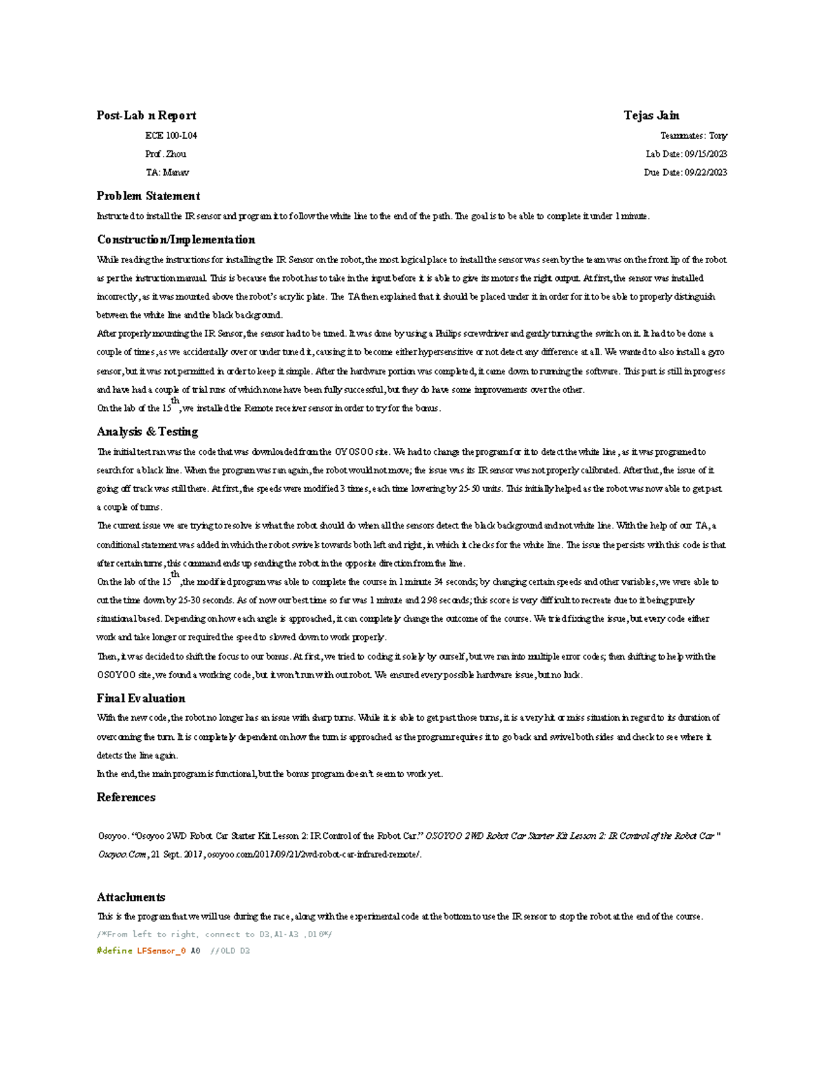 ECE 100 Post-Lab 3 - Post-Lab 3 - Post-Lab n Report Tejas Jain ECE 100 ...
