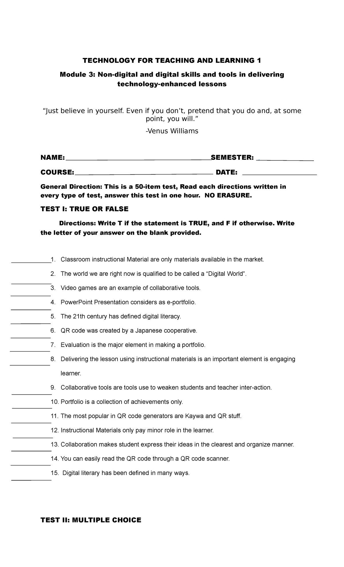 Questionnaire - Lecture notes 12 - TECHNOLOGY FOR TEACHING AND LEARNING ...