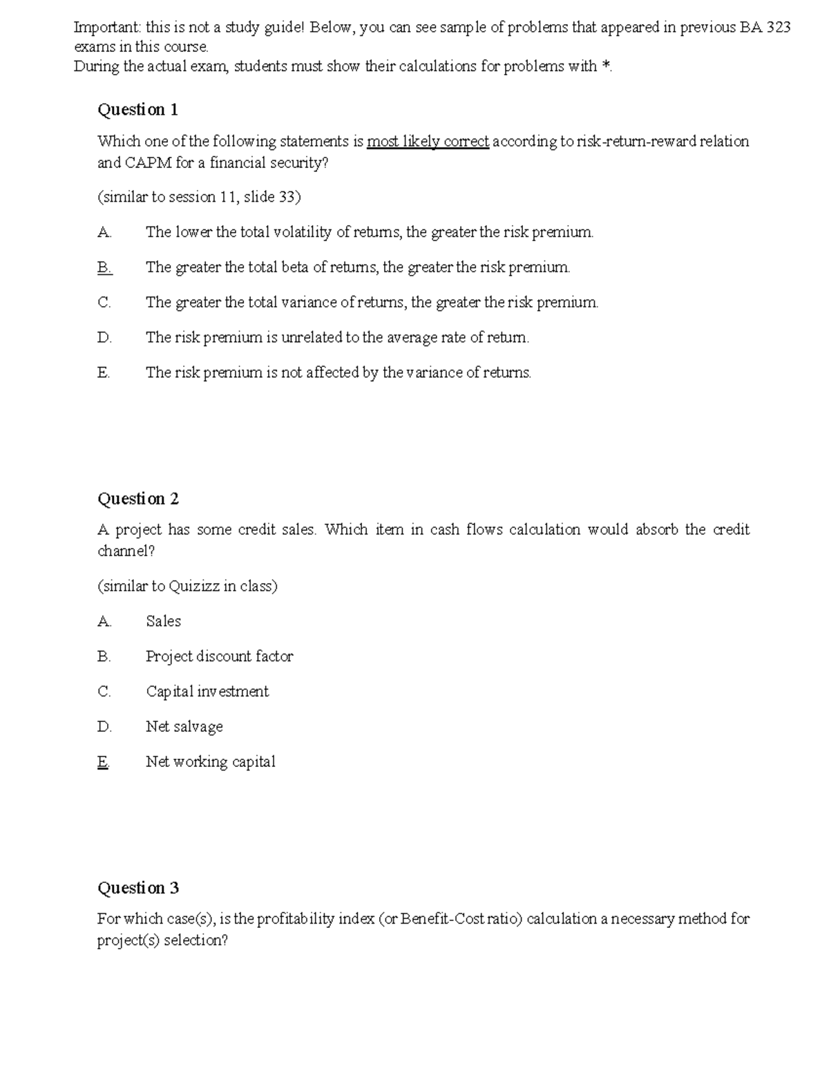 Sample Problems Exam 3 Questions Question 1 Which One Of The