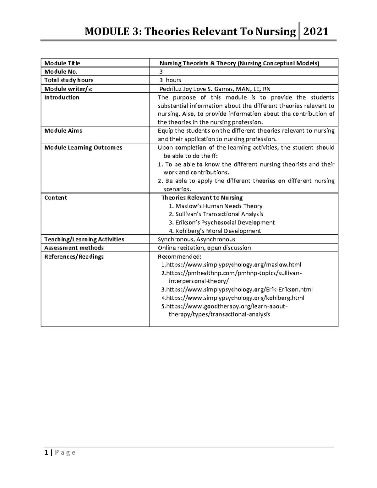 Final Module 3 Theories Relevant to Nursing - Module Title Nursing ...